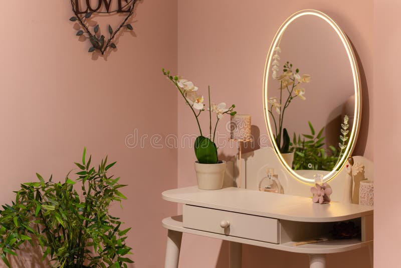 Elegant Dressing Table with Illuminated Oval Stock Image - Image of ...