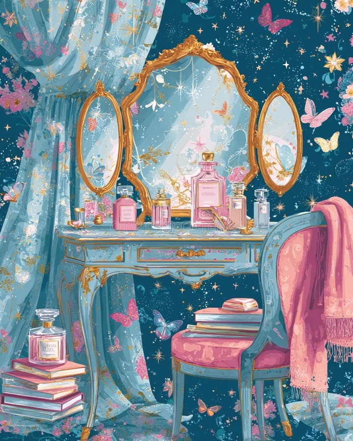 Elegant Dressing Table with Perfume Bottles and Books in a Dreamy Room ...
