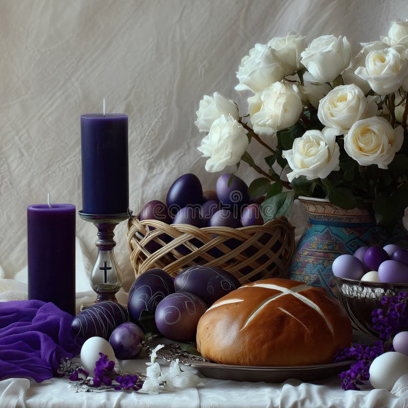 Elegant Easter Arrangement with Purple Elements, Paska Bread, and White ...