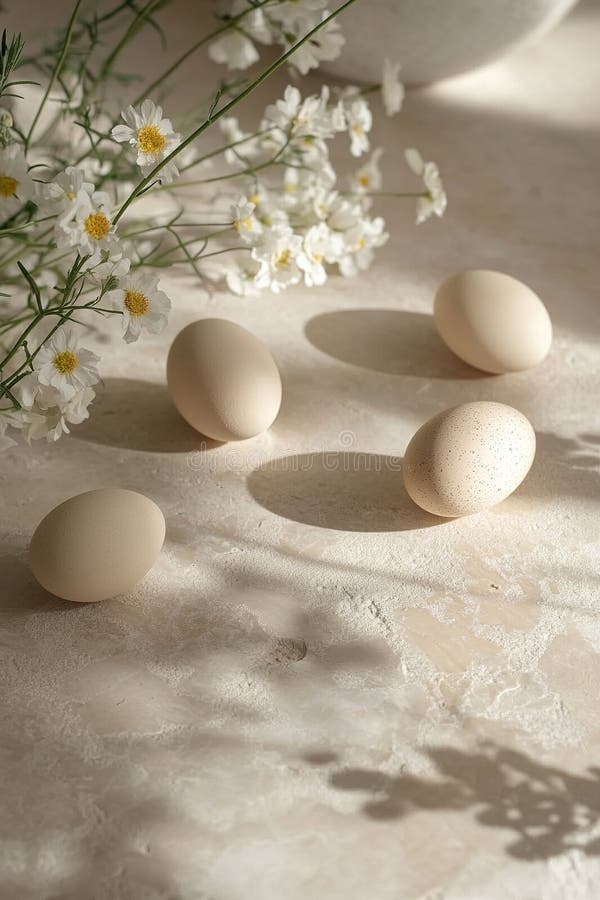 Elegant Easter Background with Neutral-toned Eggs and Wildflowers ...