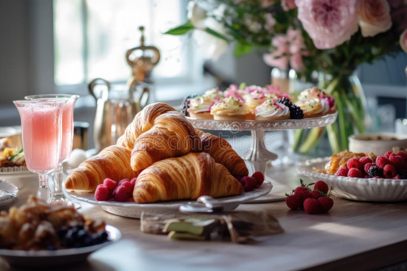 Easter Brunch Table Setting with Croissants, Fruit and Pastries Stock ...