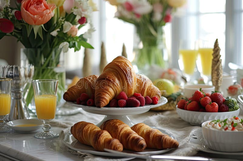 Easter Brunch Table Setting with Croissants, Fruit and Pastries Stock ...