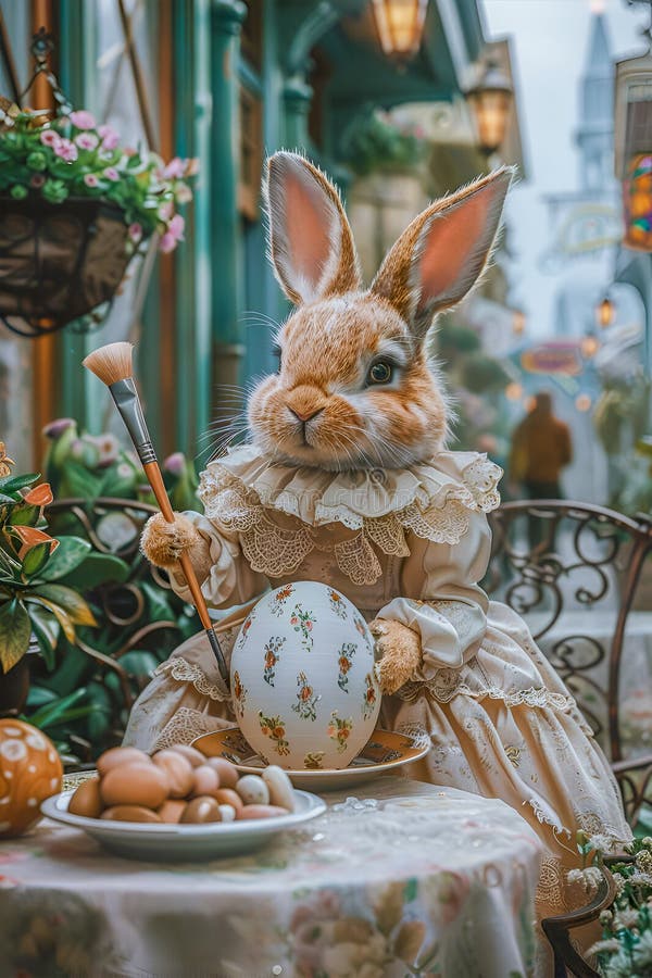 An Elegant Easter Bunny in an Antique Dress Sitting at a Table Using a ...