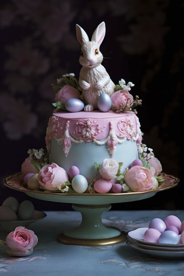 Elegant Easter Bunny Cake with Pastel Decorations on Dark Background ...