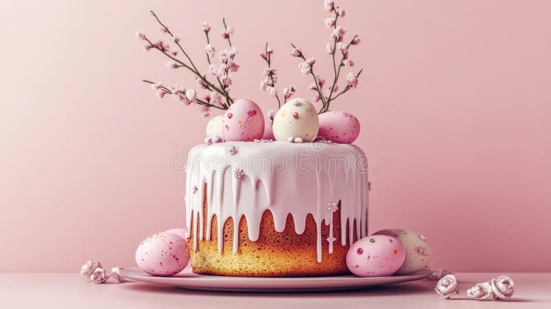 Elegant Easter Cake with Dripping Icing and Decorative Eggs Against ...