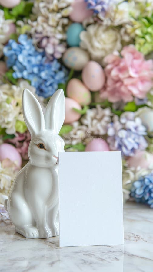 Elegant Easter Card with Ceramic Bunny and Colorful Floral Background ...
