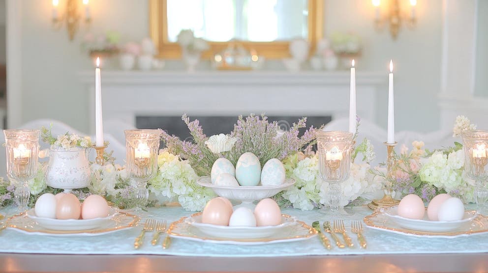 Elegant Easter Centerpiece Featuring Vintage Decorations and Pastel ...