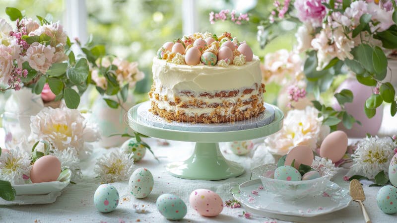 Elegant Easter Dessert Table with Traditional Cake and Decorated Eggs ...
