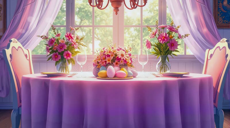 Elegant Easter Dining Table with Floral Arrangements and Colorful Eggs ...