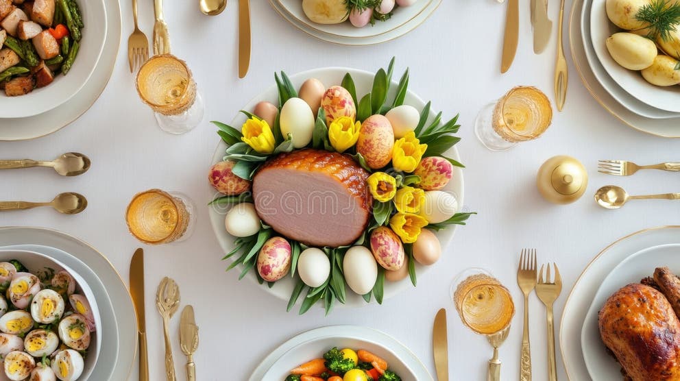 Elegant Easter Dinner Table with Decorated Eggs and Ham Centerpiece Stock Illustration ...