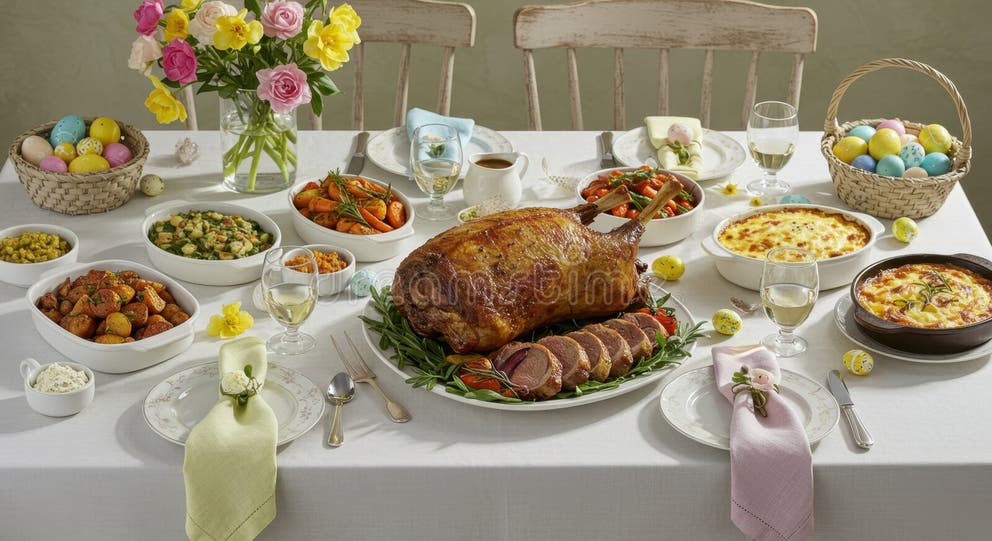 Elegant Easter Dinner Table with Roasted Lamb and Colorful Decor Stock ...