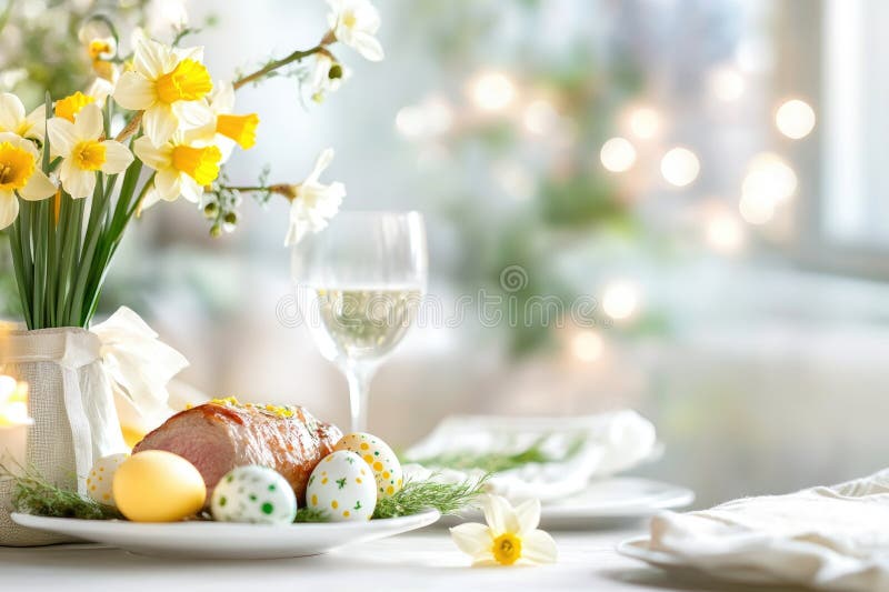 Elegant Easter Dinner Table Setting with Decorated Eggs and Spring ...
