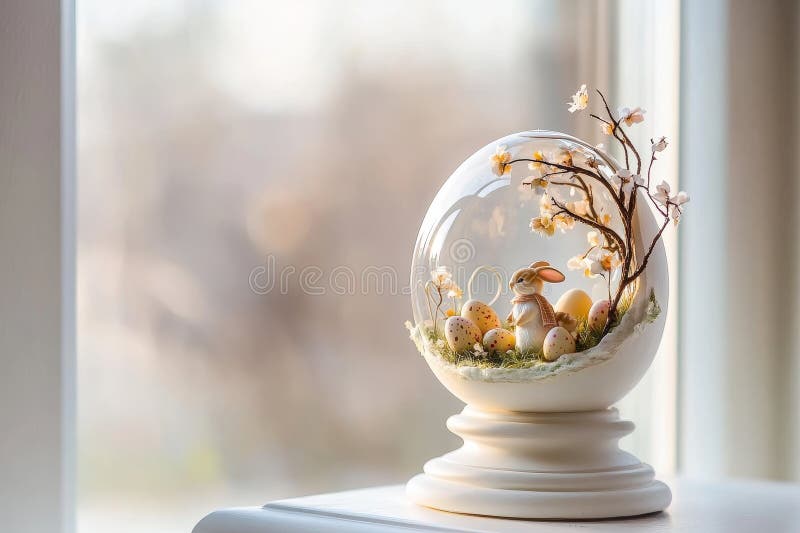 Elegant Easter Egg Diorama with Rabbit and Blossoms on a Window Ledge ...