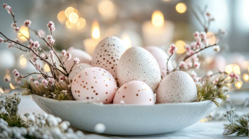 Elegant Easter Egg Display with Soft Pink Accents in a Decorative Bowl ...