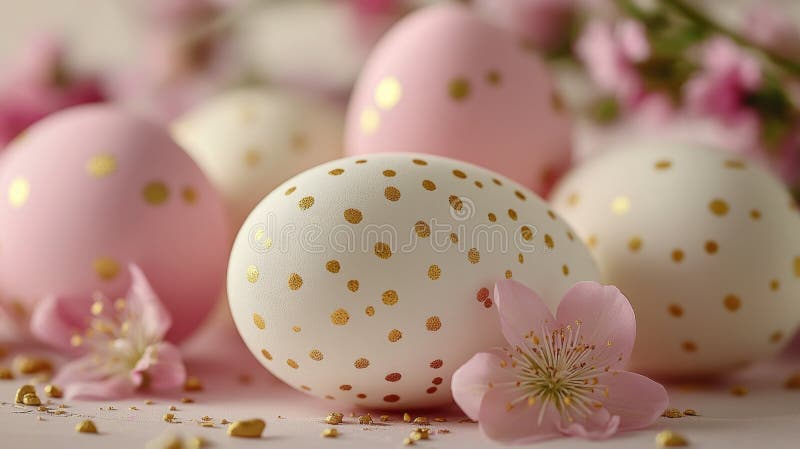 Elegant Easter Eggs with Gold Polka Dots among Cherry Blossoms Happy ...