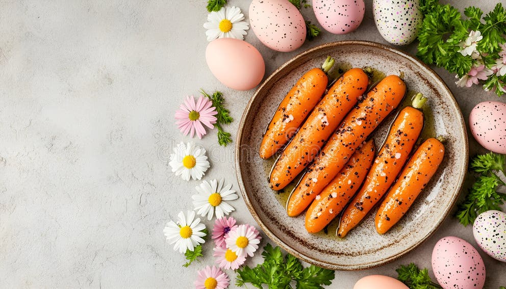 Elegant Easter Side Dish Table with Carrots and Decorated Eggs in a ...