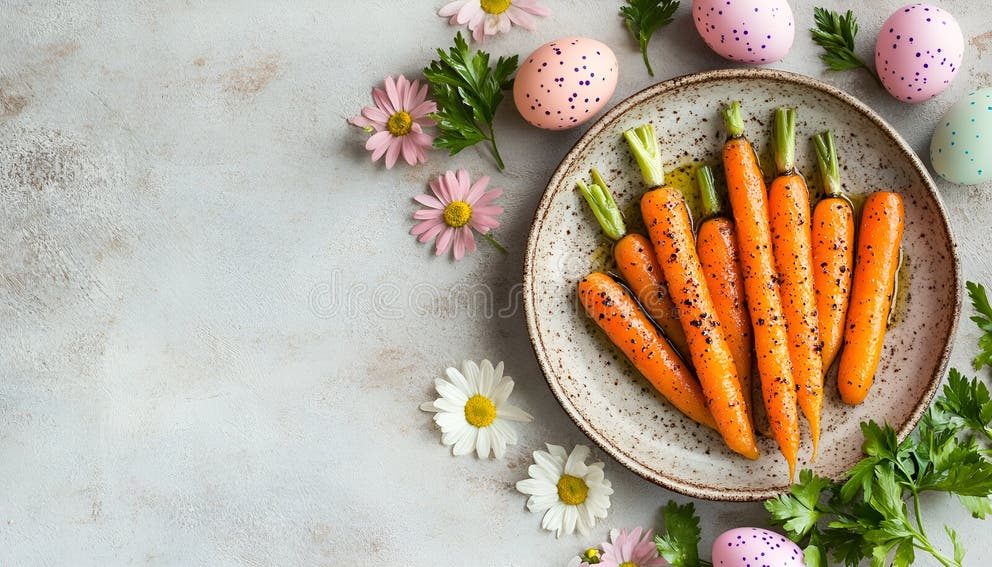 Elegant Easter Side Dish Table with Carrots and Decorated Eggs in a ...