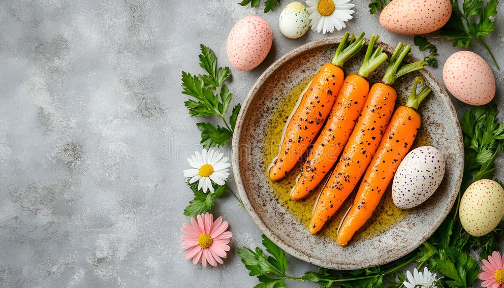 Elegant Easter Side Dish Table with Carrots and Decorated Eggs in a ...