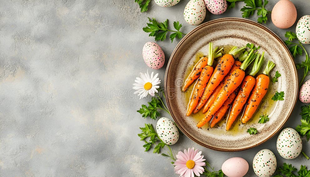 Elegant Easter Side Dish Table with Carrots and Decorated Eggs in a ...