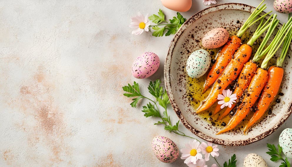 Elegant Easter Side Dish Table with Carrots and Decorated Eggs in a ...