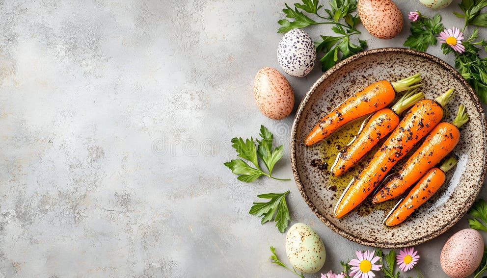 Elegant Easter Side Dish Table with Carrots and Decorated Eggs in a ...