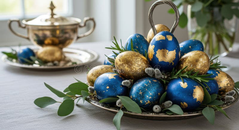Elegant Easter Table Display Featuring Blue and Gold Decorated Eggs ...