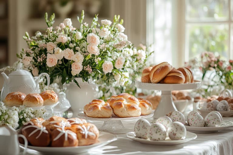 Elegant Easter Table with Fresh Bread, Eggs and Floral Decorations ...