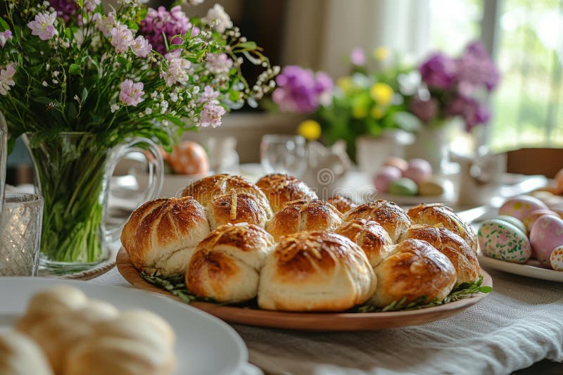 Elegant Easter Table with Fresh Bread, Eggs and Floral Decorations ...