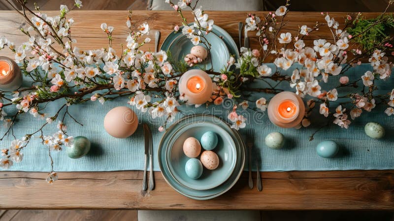 Elegant Easter Table Setting with Blooming Branches Stock Illustration ...