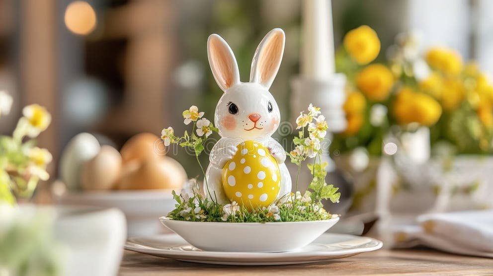 Elegant Easter Table Setting: Ceramic Bunny and Yellow Egg Centerpiece ...