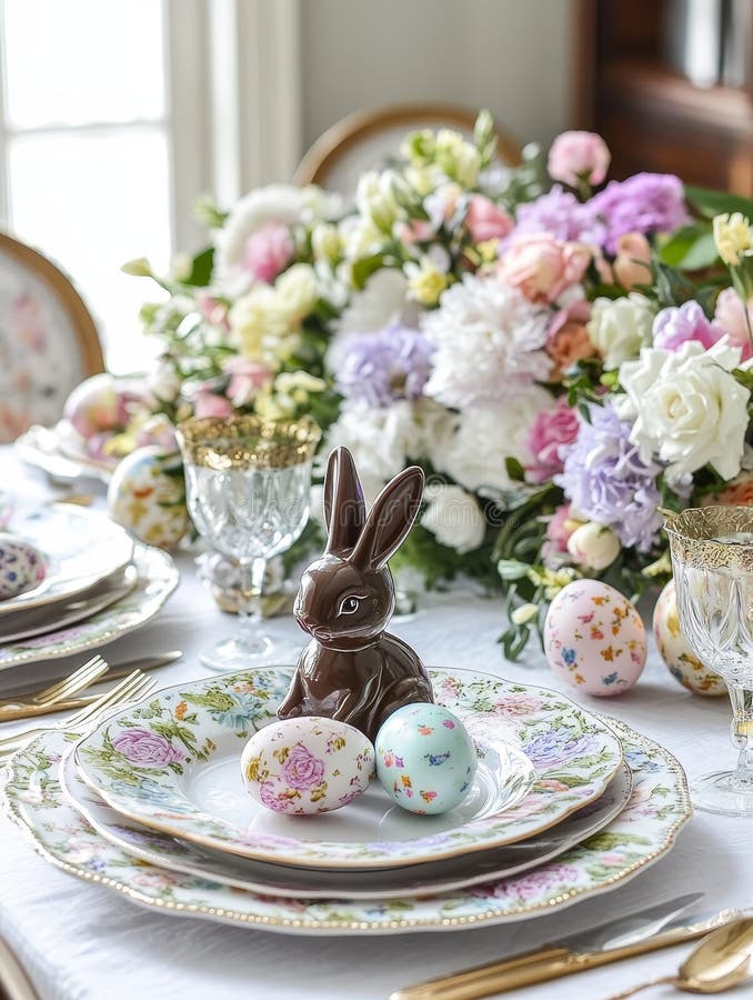 Elegant Easter Table Setting with Floral Arrangement and Chocolate ...