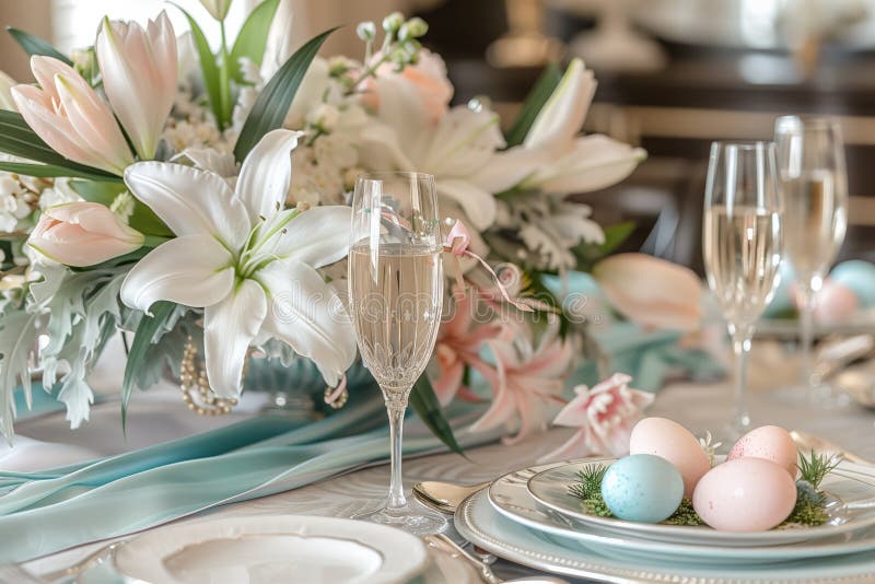 Elegant Easter Table Setting with Floral Centerpiece Stock Illustration ...