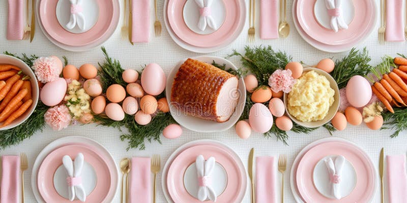 Elegant Easter Table Setting with Ham and Eggs in Pastel Pink Decor ...