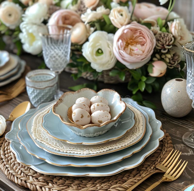 Elegant Easter Table Setting with Pastel Blue Plates and Decorated Eggs ...