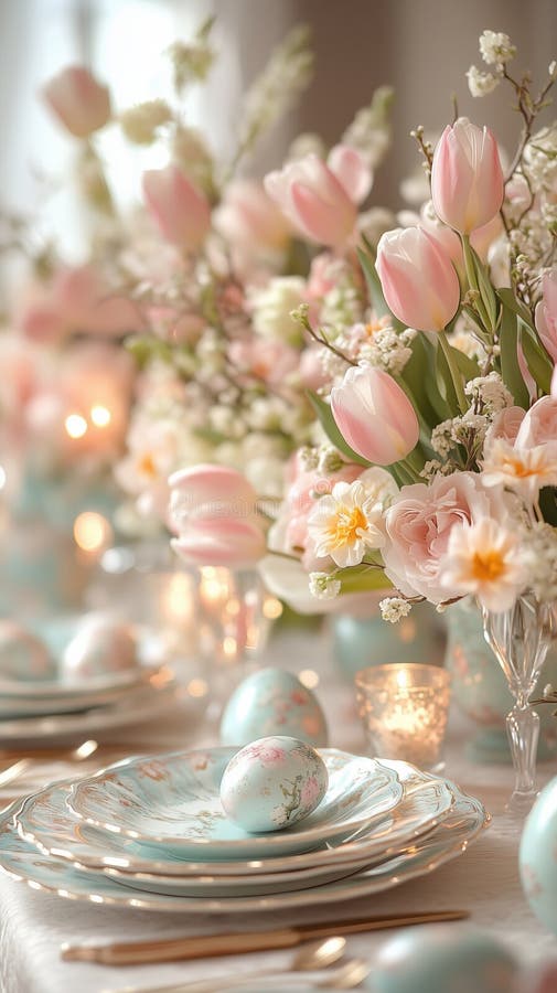 Elegant Easter Table Setting with Pastel Colors and Floral Arrangements ...