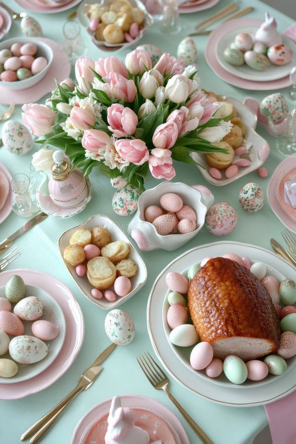 Elegant Easter Table Setting with Pastel Decorations and Ham ...