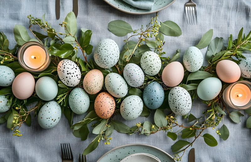 Elegant Easter Table Setting with Pastel Eggs and Candles. Generative ...