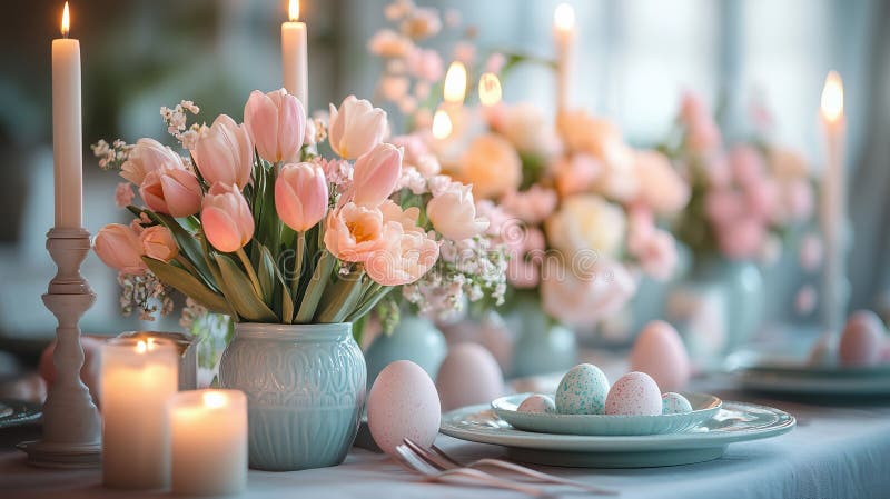 Elegant Easter Table Setting with Pastel Plates and Floral Arrangements ...