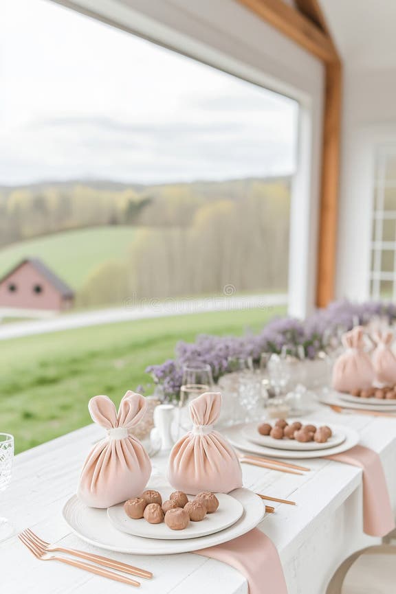 Elegant Easter Table Setting with Pink Velvet High Quality Image Stock ...