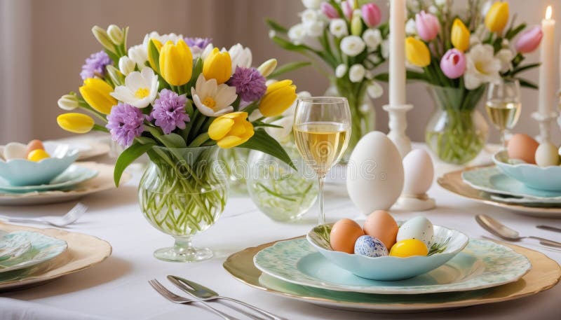 Elegant Easter Table Setting with Spring Flowers Stock Image - Image of ...