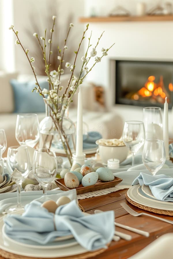 Elegant Easter Table Setting with Willow Branches and Blue Napkins for ...