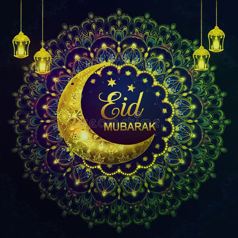 Elegant Eid Mubarak Card with Golden Crescent Moon and Mandala Pattern ...