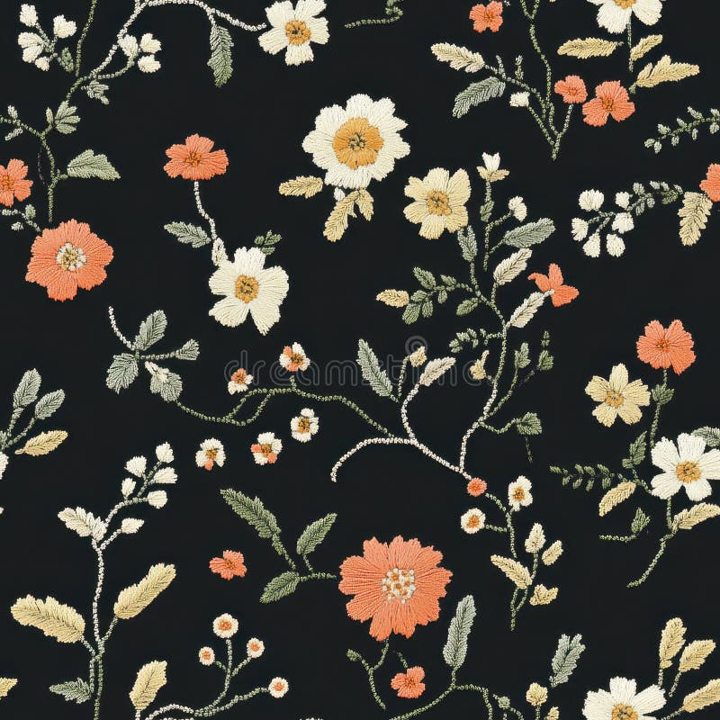 Elegant Embroidered Floral Pattern on Black Background. Stock Image ...