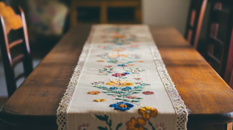 Elegant Embroidered Table Runner on Wooden Dining Table Stock Photo ...