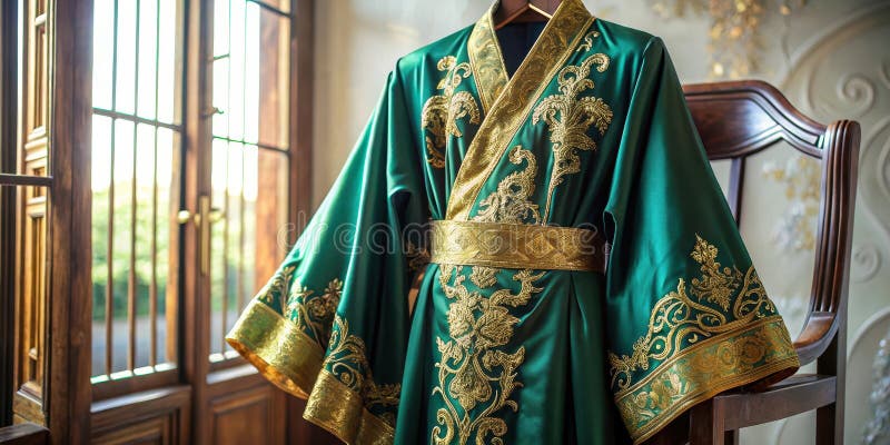 Elegant Emerald Green Robe with Golden Embroidered Detail. Generative ...