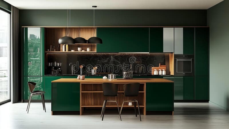 Elegant Emerald Kitchen Interior Design with Marble Accents and Modern ...