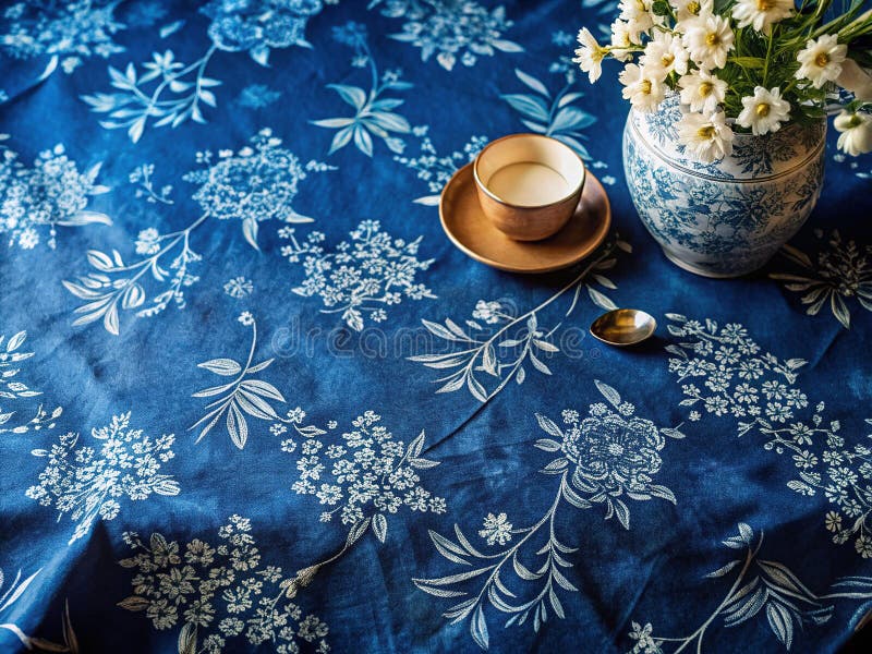 Elegant Empty Dark Blue Linen Tablecloth with White Floral Pattern ...