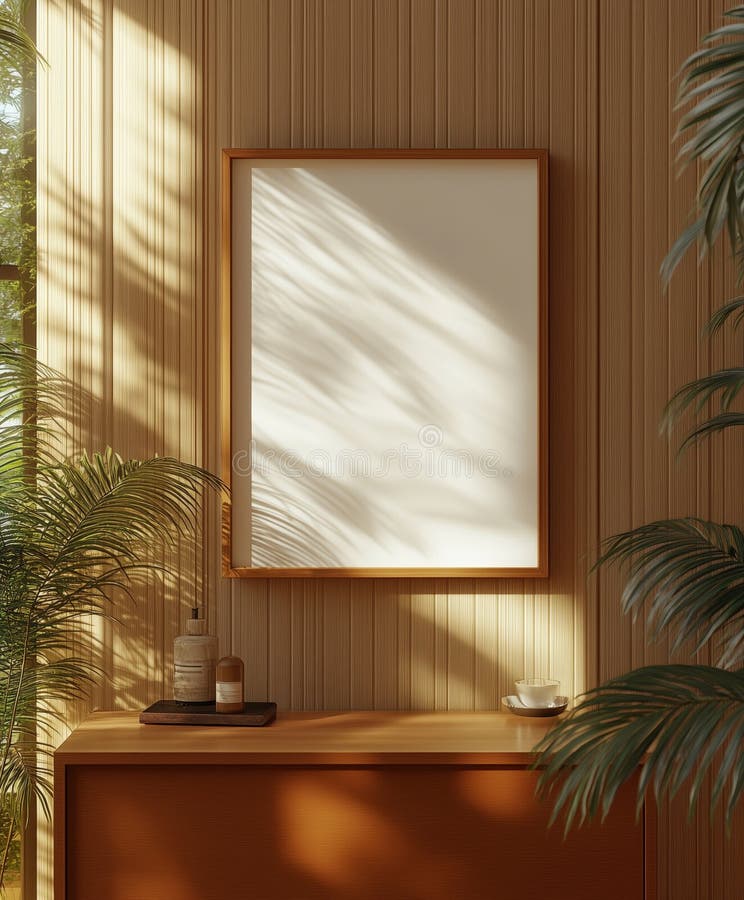 Elegant Empty Frame Against a Softly Lit Wooden Wall with Greenery ...