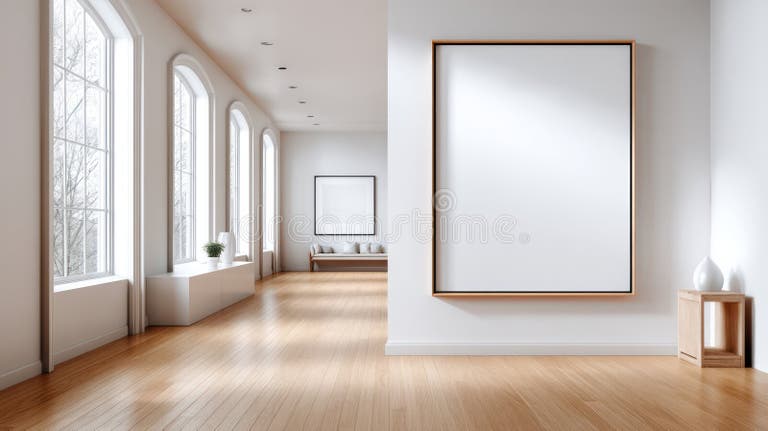 Elegant Empty Gallery Interior with Large Rectangular Blank Artwork ...