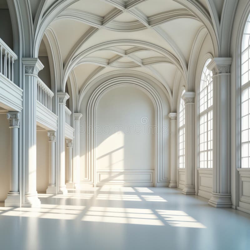 Elegant Empty Grand Hall Features White Architecture. Sunlight Streams ...
